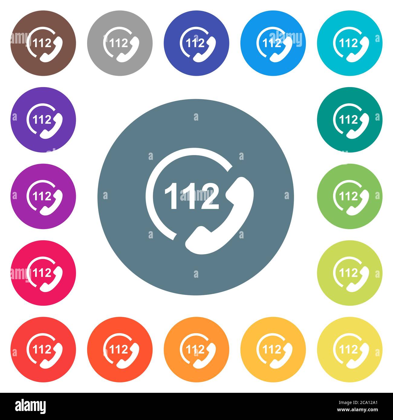 Emergency call 112 flat white icons on round color backgrounds. 17 ...