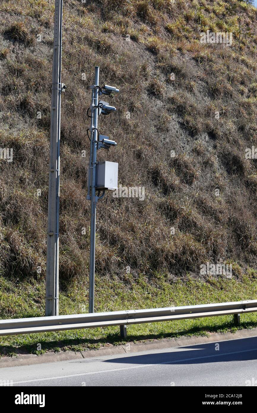 Speed control radar camera at countryside road highway in Sao Paulo ...