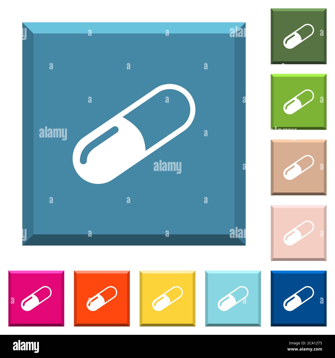 Pill white icons on edged square buttons in various trendy colors Stock ...