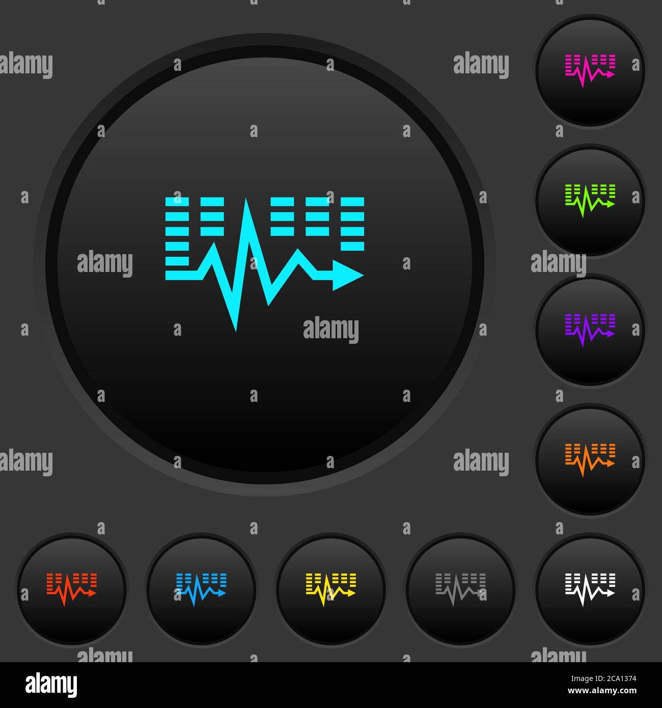 Music waves dark push buttons with vivid color icons on dark grey ...