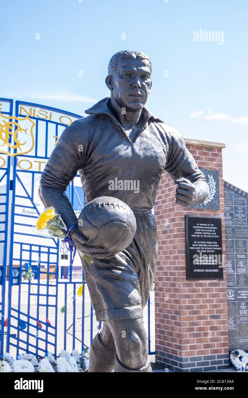 Statue of Dixie Dean outside Goodison Park Everton Liverpool May 2020 ...