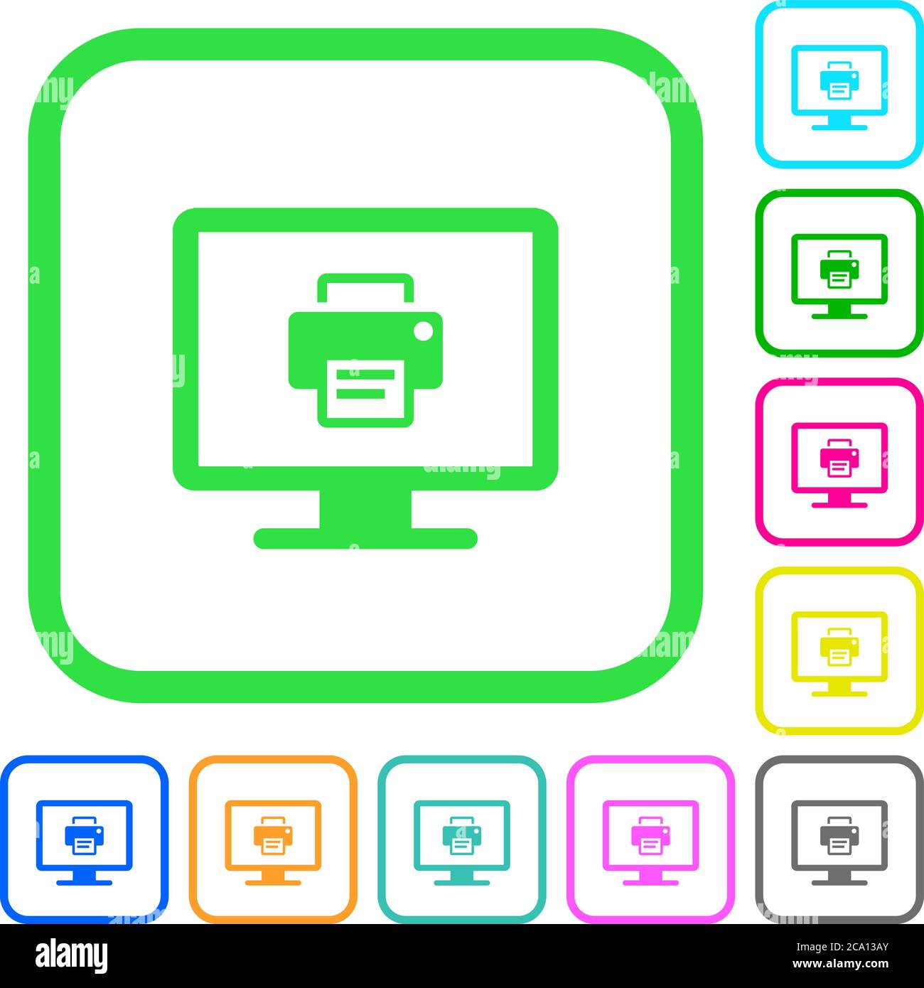 Print screen vivid colored flat icons in curved borders on white ...