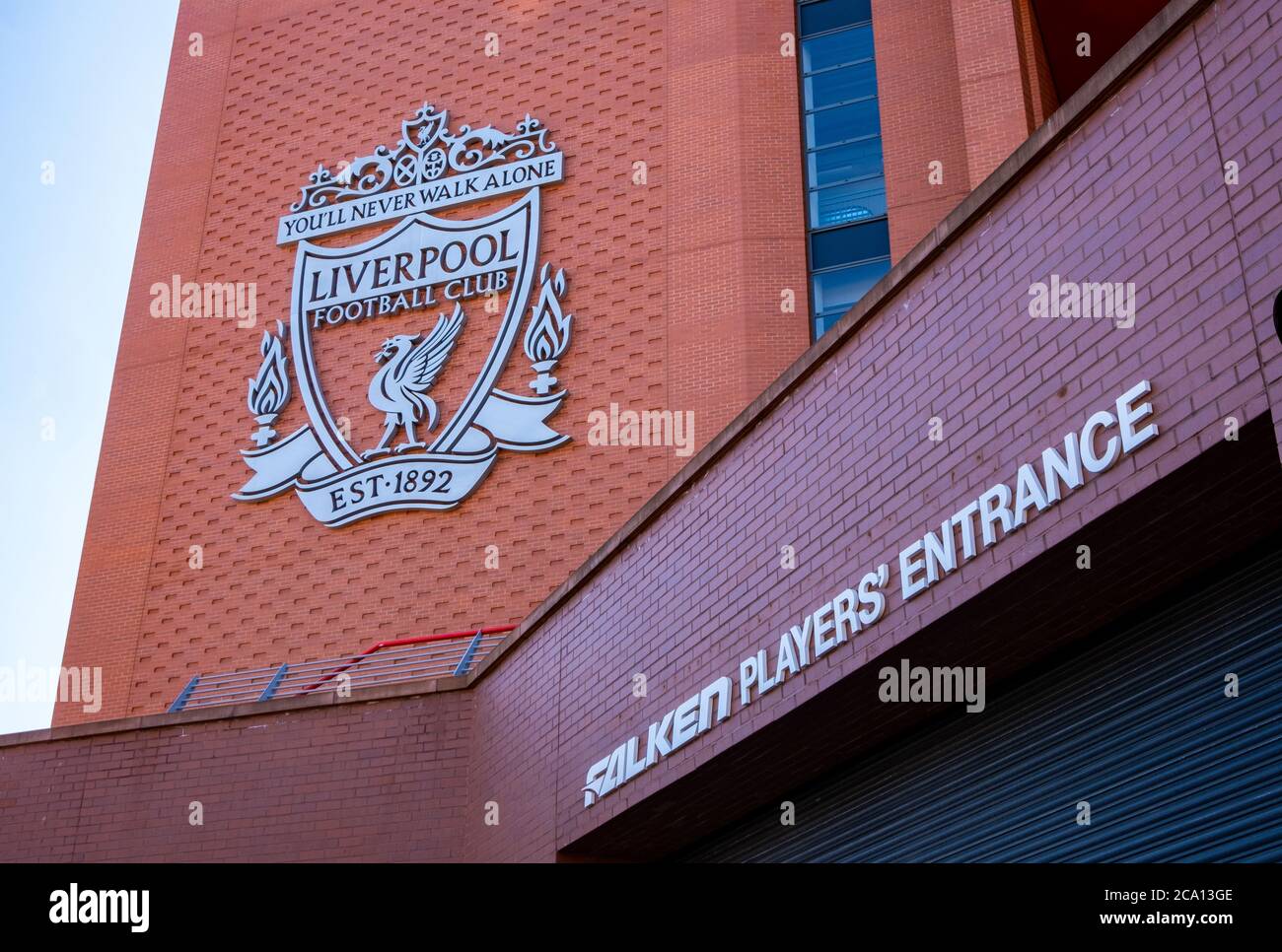 Crest of Liverpool Football Club on Main Stand Anfield in Liverpool May ...