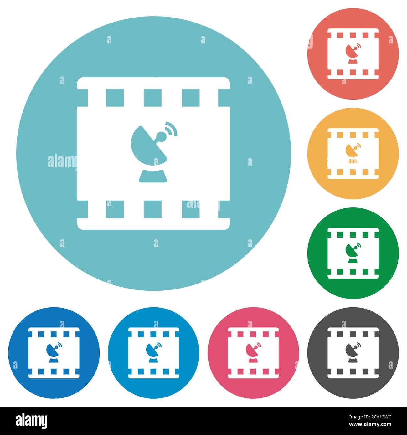 Movie broadcasting flat white icons on round color backgrounds Stock ...
