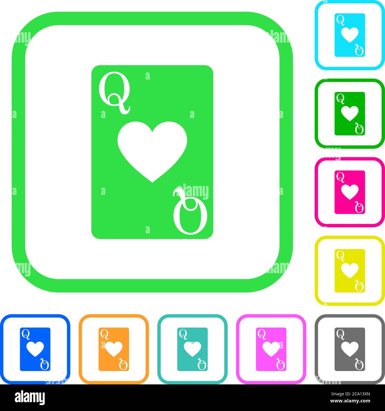 Queen of hearts card vivid colored flat icons in curved borders on ...