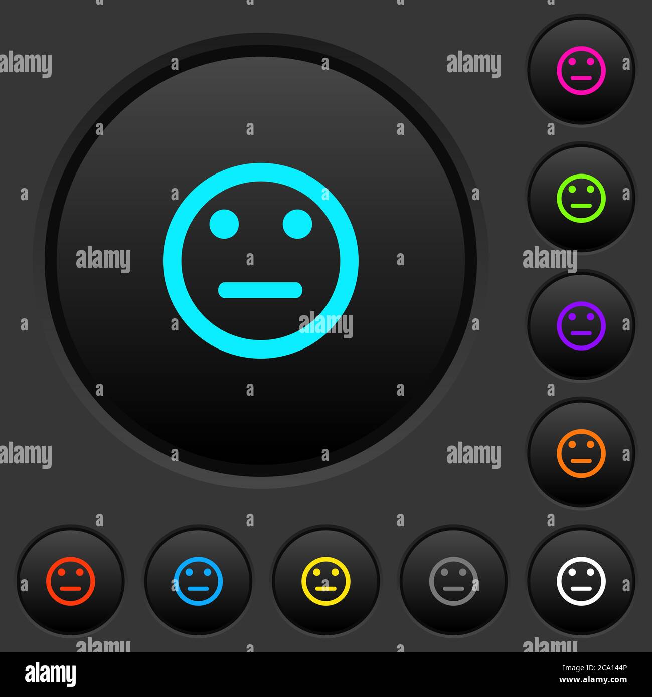 Neutral emoticon dark push buttons with vivid color icons on dark grey ...