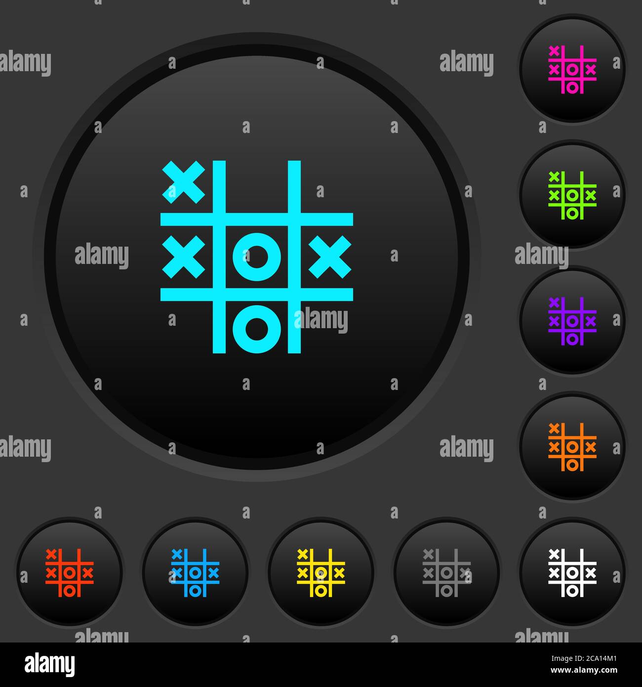 Tic tac toe game dark push buttons with vivid color icons on dark grey ...