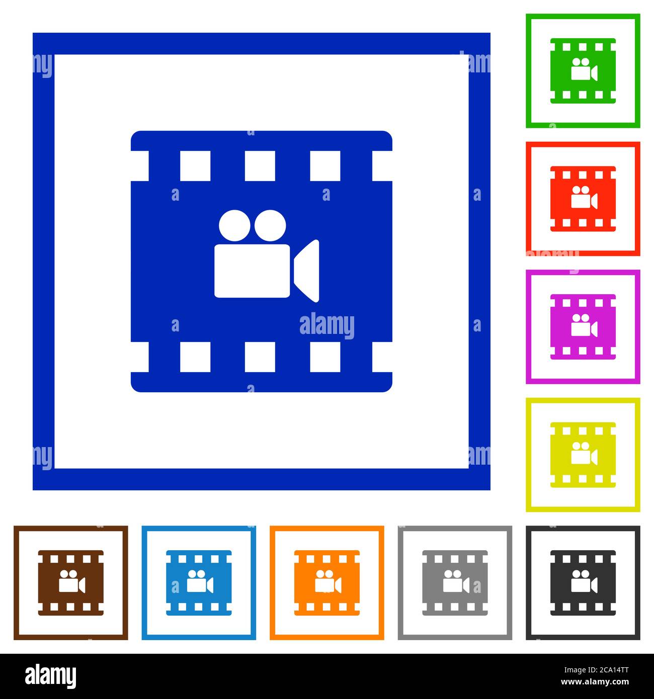 Movie filming flat color icons in square frames on white background ...