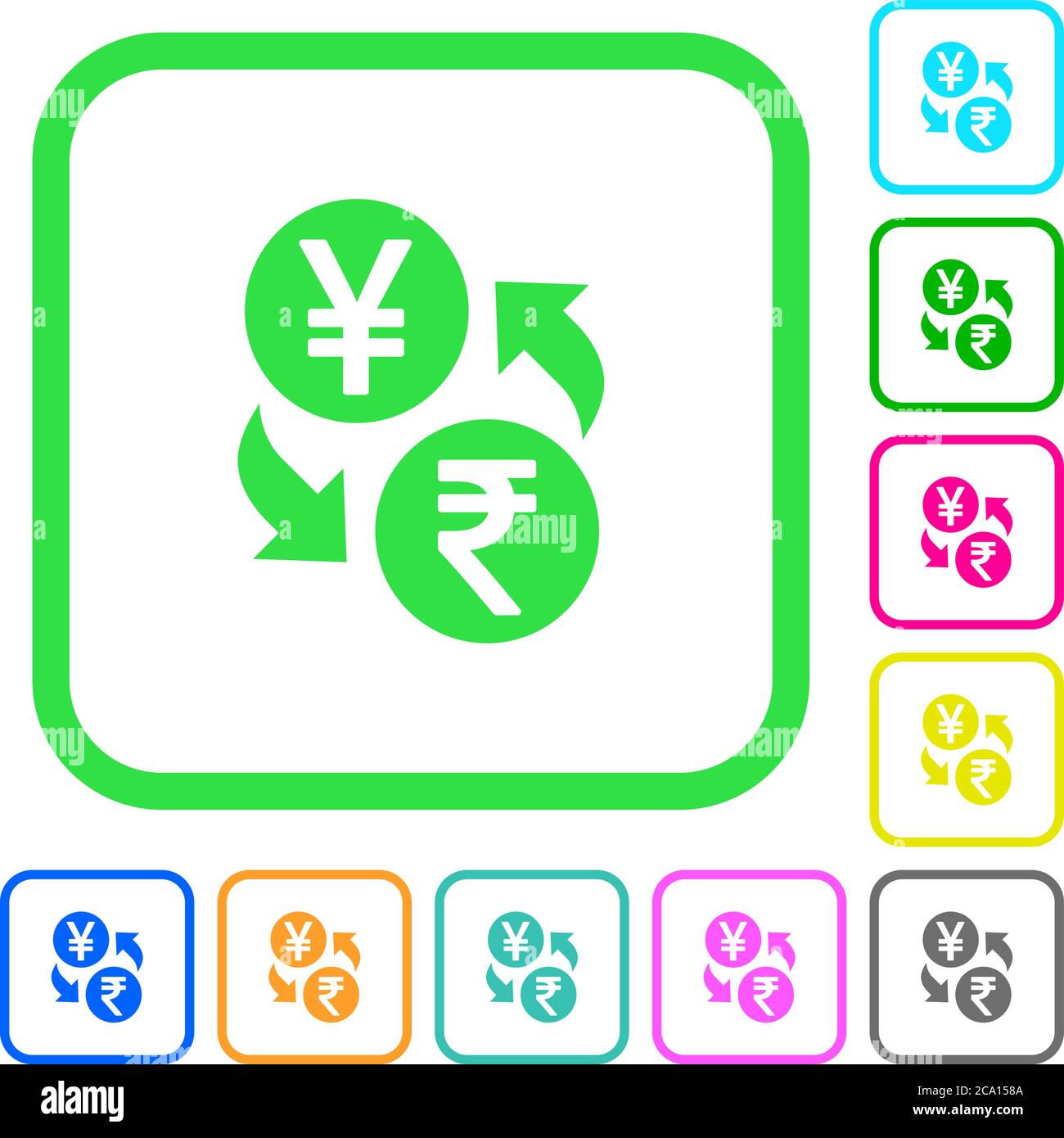 Yen Rupee money exchange vivid colored flat icons in curved borders on ...