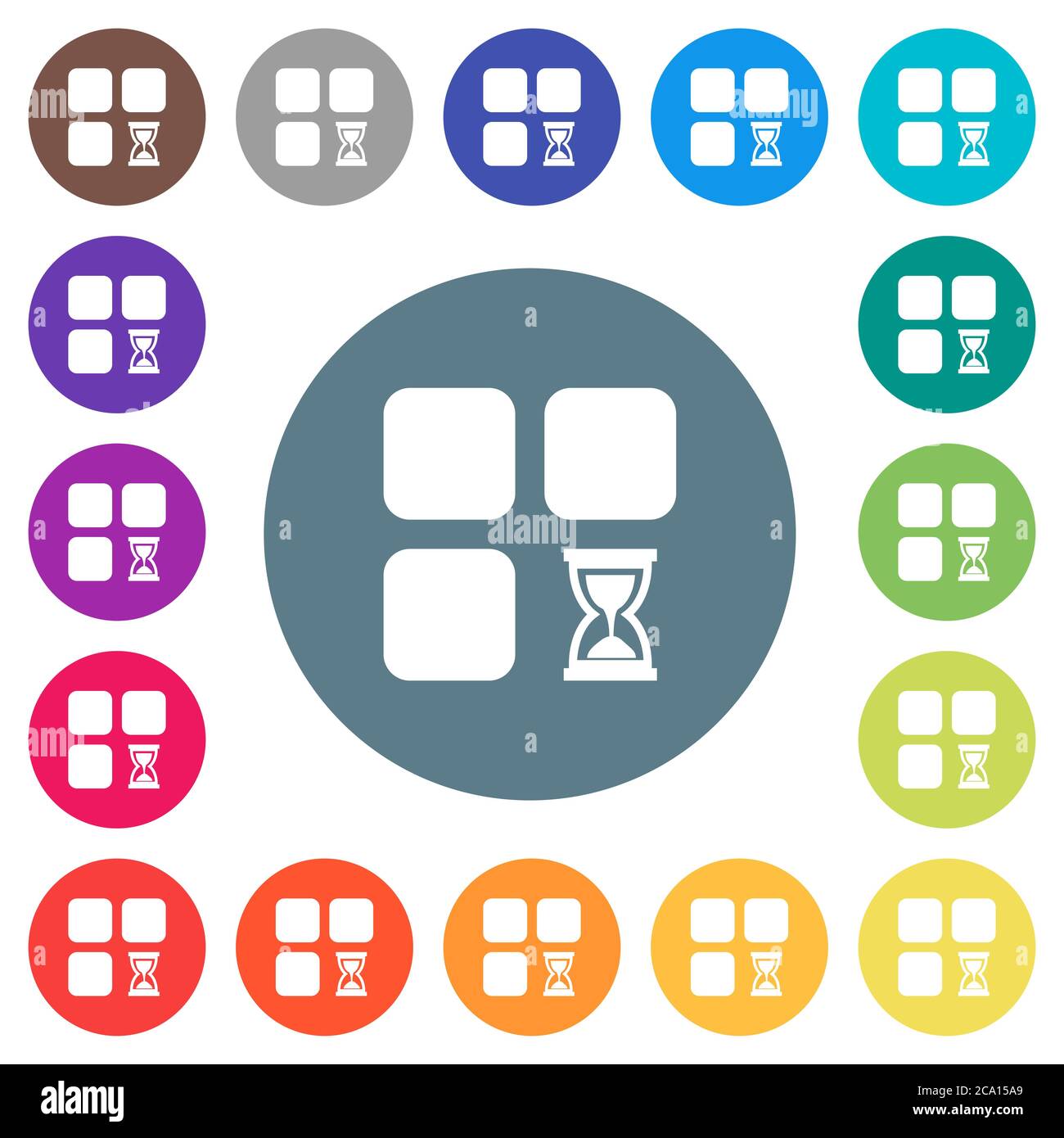 Component waiting flat white icons on round color backgrounds. 17 ...