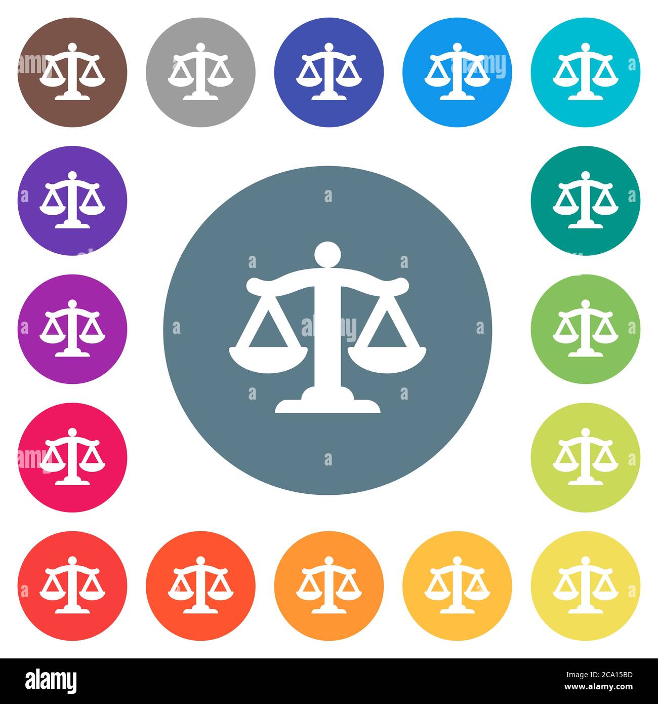 Scale of law flat white icons on round color backgrounds. 17 background ...