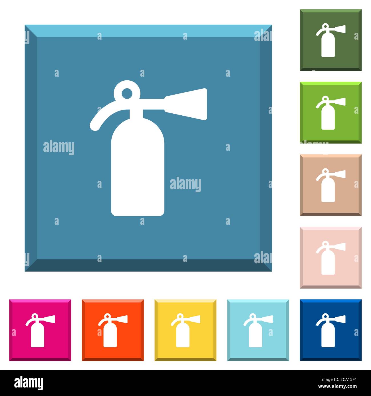 Fire extinguisher white icons on edged square buttons in various trendy ...
