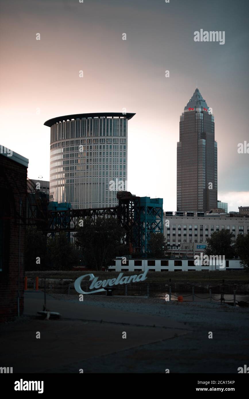 Dramatic Cleveland Skyline During Sunset and a storm on the water Stock ...