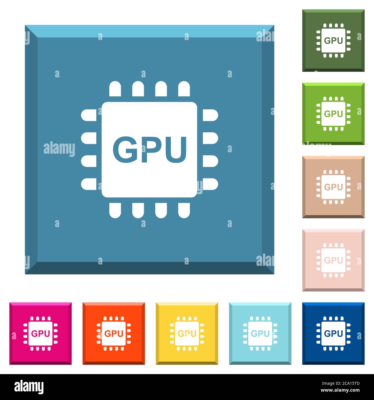 Graphics processing unit white icons on edged square buttons in various trendy colors Stock ...