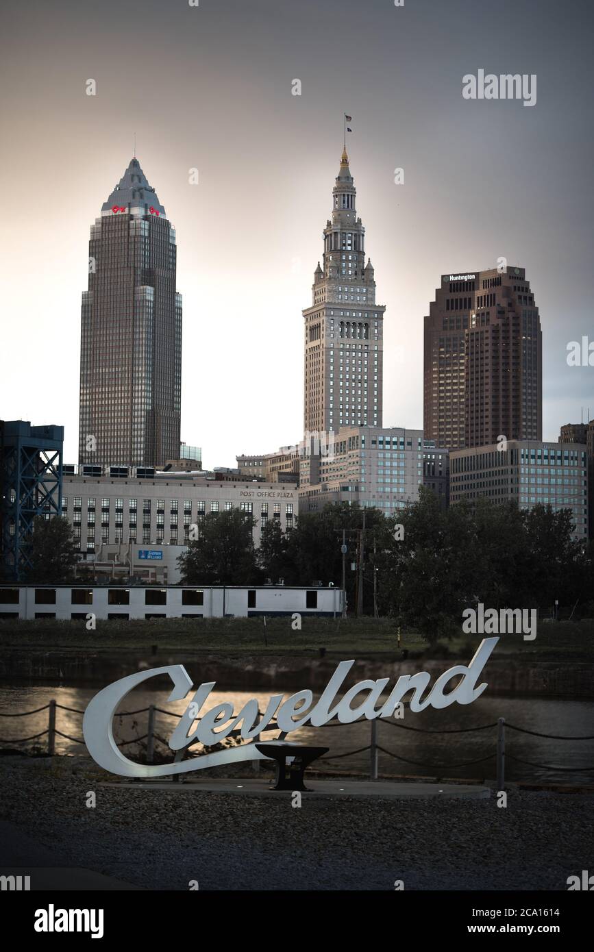 Dramatic Cleveland Skyline During Sunset and a storm on the water Stock ...