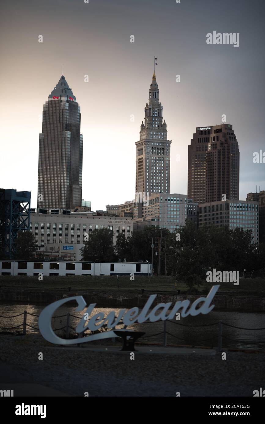 Dramatic Cleveland Skyline During Sunset and a storm on the water Stock ...