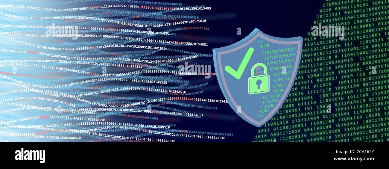 Cyber security concept. Shield, lock symbol numbers strings, white ...