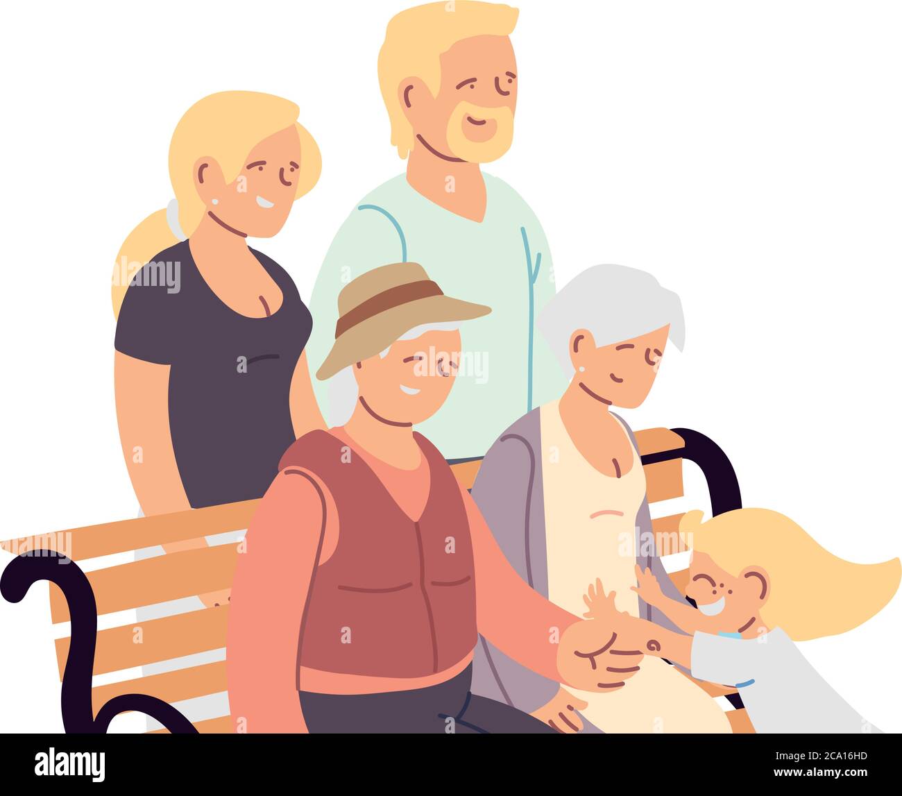 Grandmother grandfather parents and granddaughter on bench design, Old ...