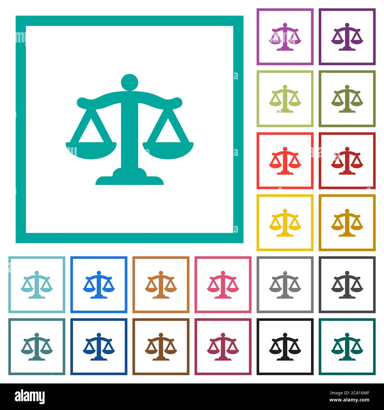 Scale of law flat color icons with quadrant frames on white background ...