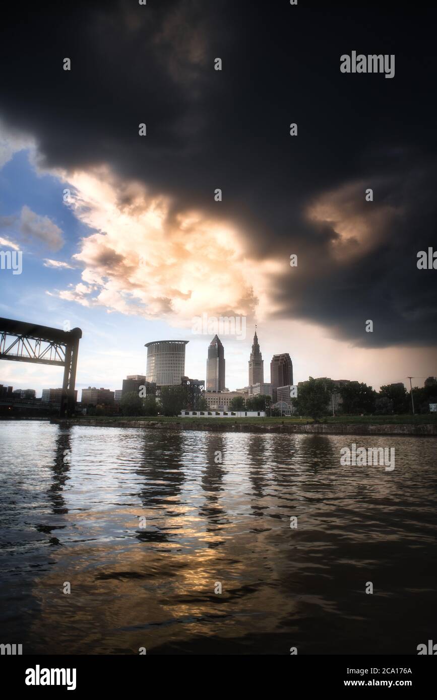 Dramatic Cleveland Skyline During Sunset and a storm on the water Stock ...