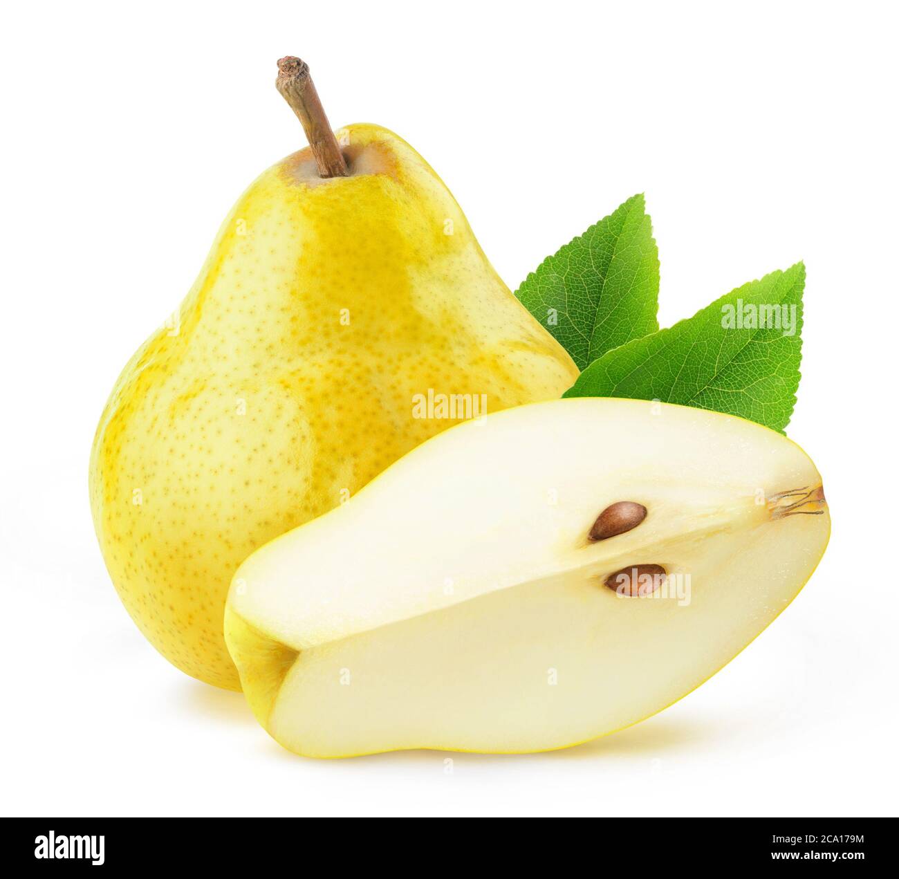 Isolated pear fruit. One whole yellow pear and a piece isolated on ...