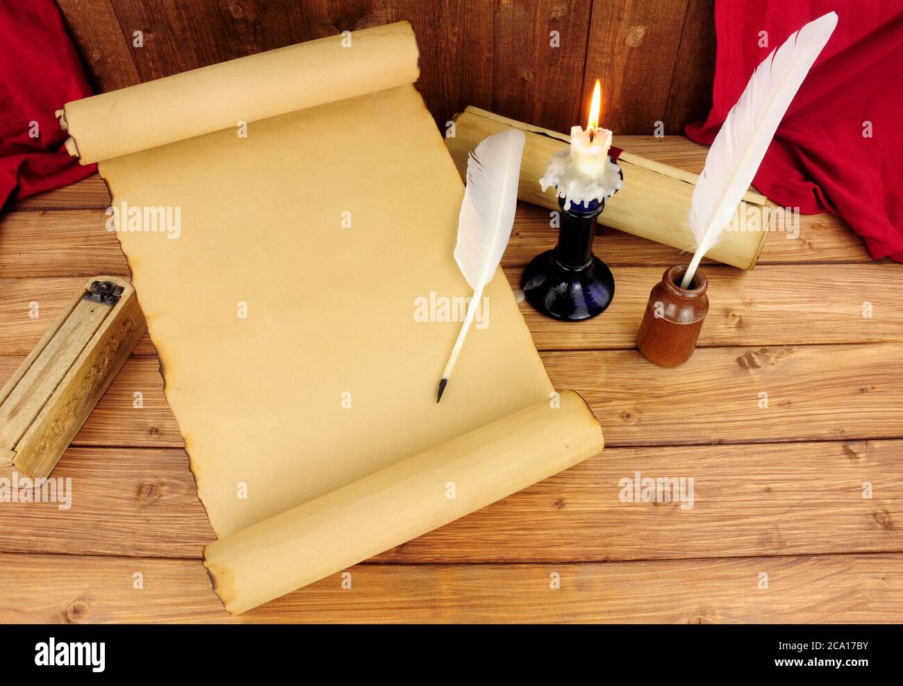 Old paper scroll unrolled with no text and feather quill pens Stock ...