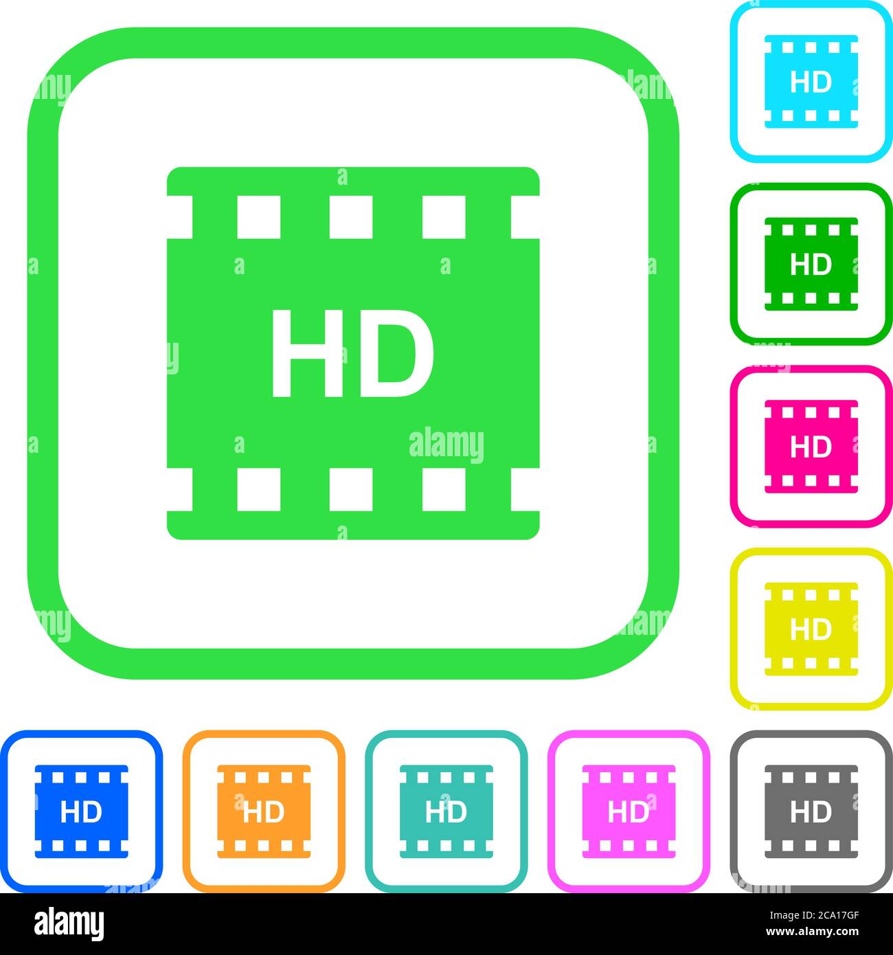 HD movie format vivid colored flat icons in curved borders on white ...