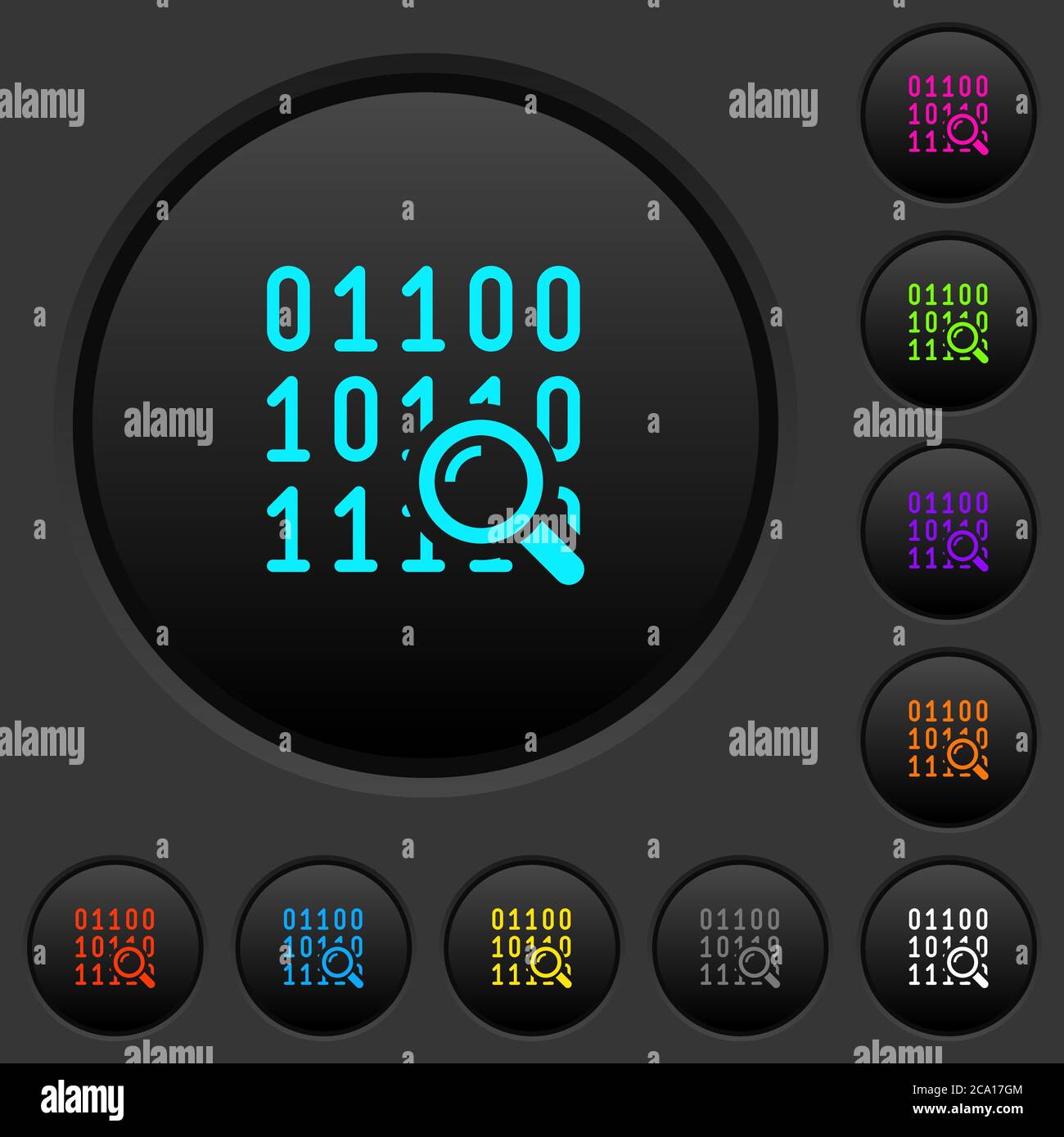 Code analysis dark push buttons with vivid color icons on dark grey ...