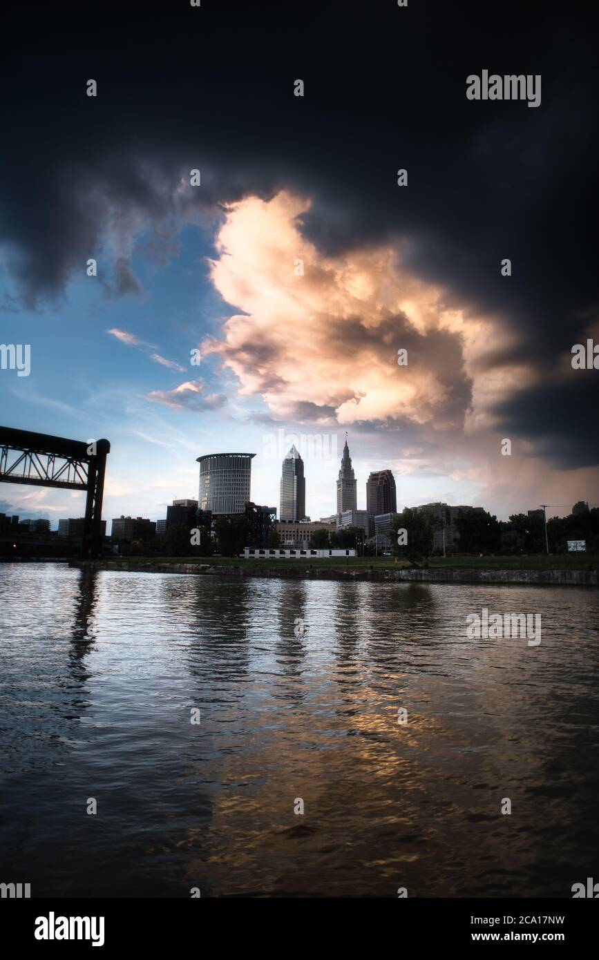 Dramatic Cleveland Skyline During Sunset and a storm on the water Stock ...