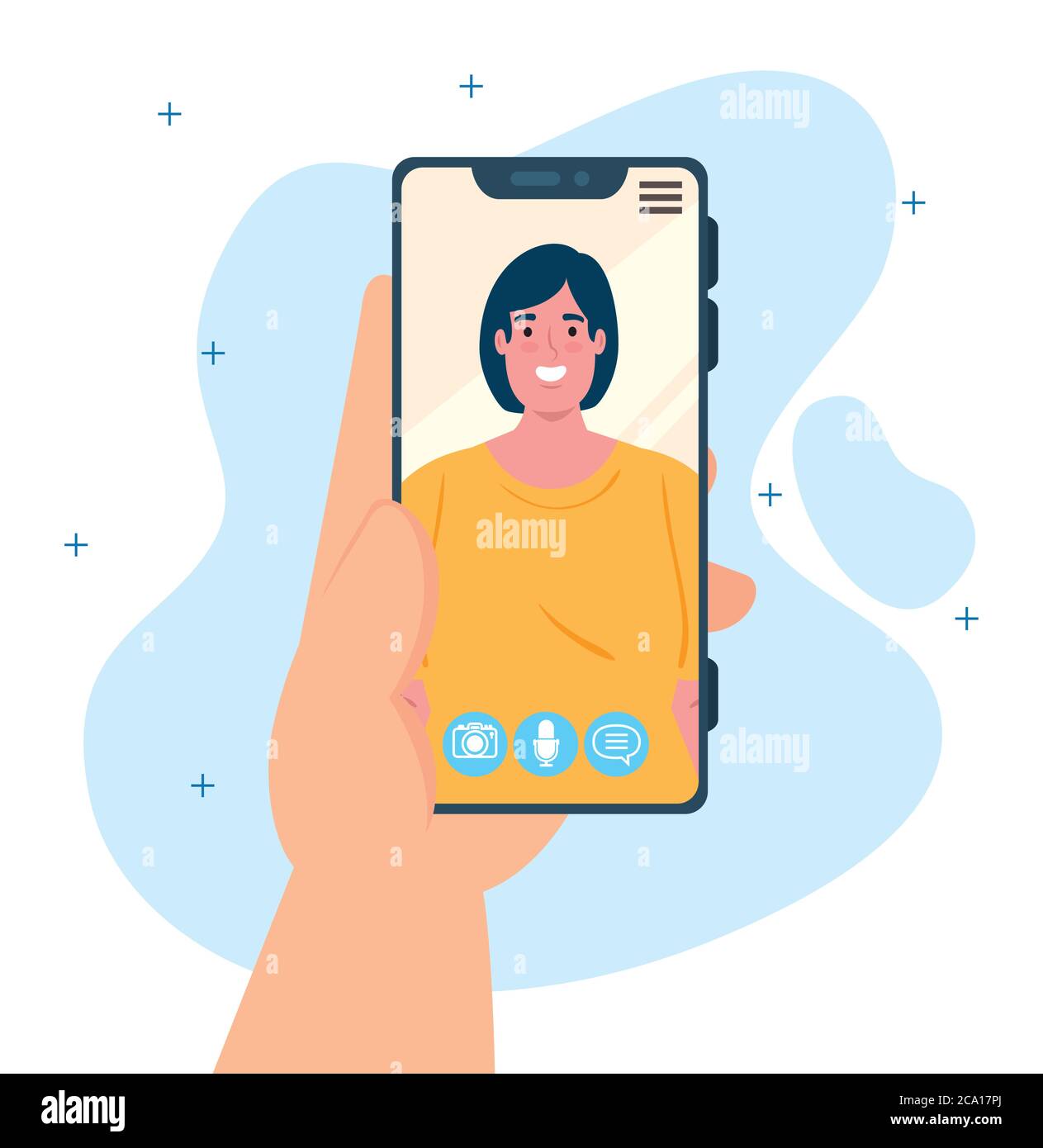 human hand holding smartphone video call on the screen with young woman ...