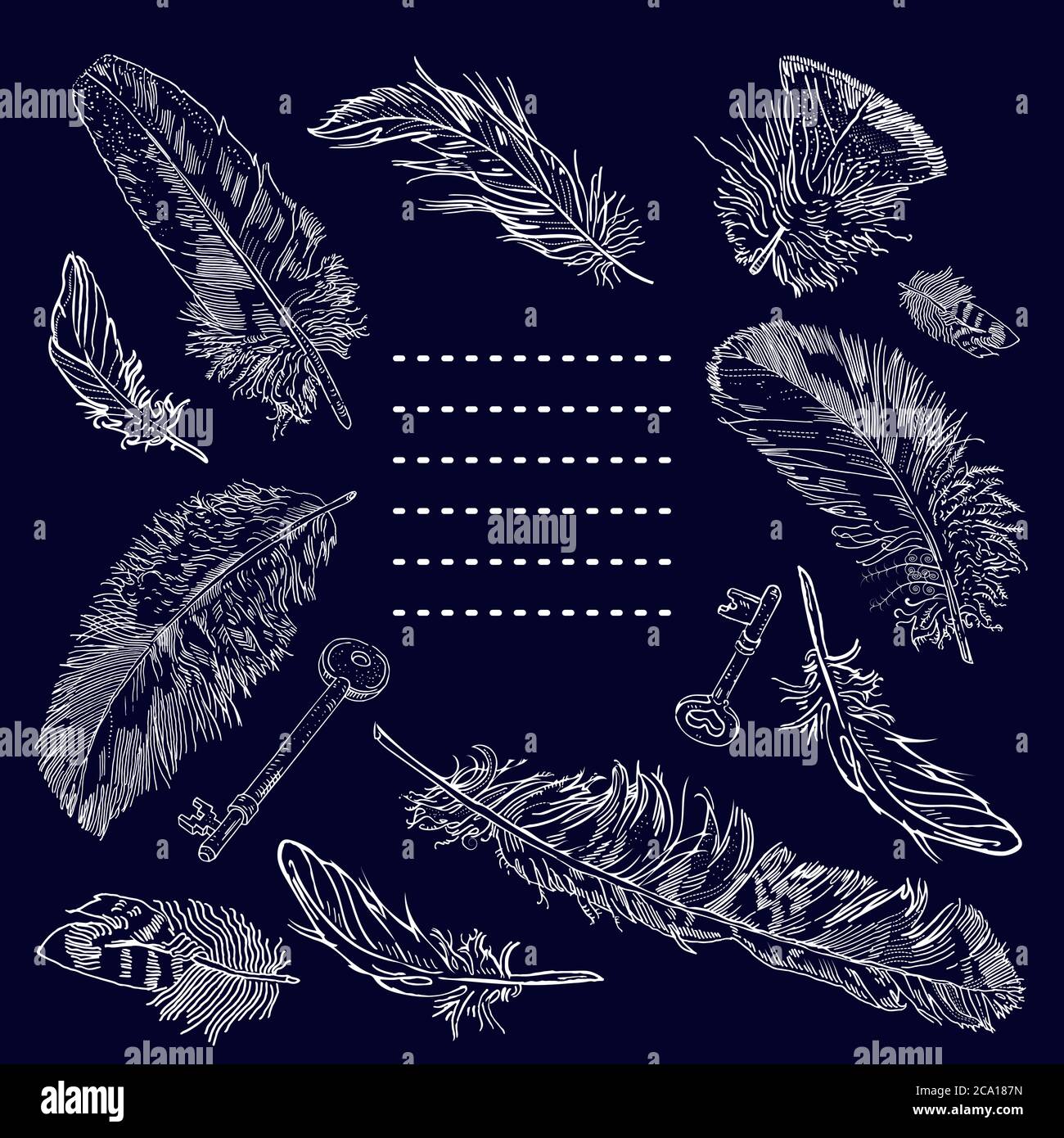 Decorative frame of hand drawn soaring feathers and keys with a space ...