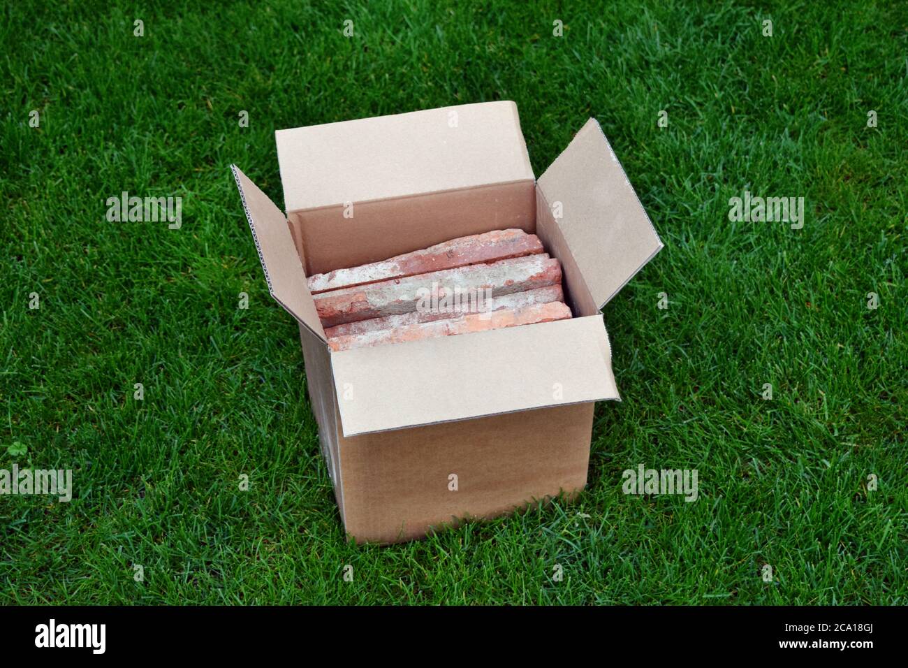 Cut red bricks range prepared to use in cardboard box Stock Photo - Alamy