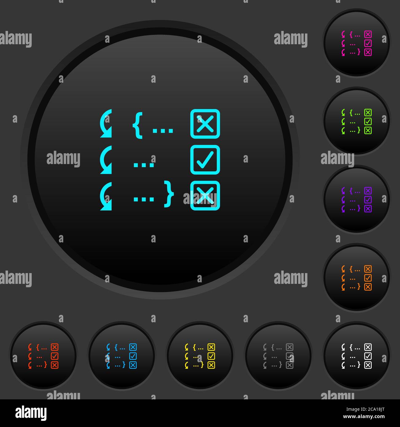 Debugging program dark push buttons with vivid color icons on dark grey background Stock Vector ...
