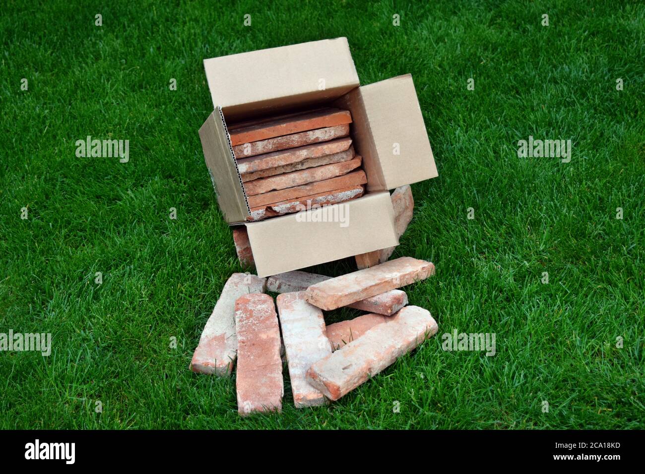 Cut red bricks range prepared to use in cardboard box Stock Photo - Alamy