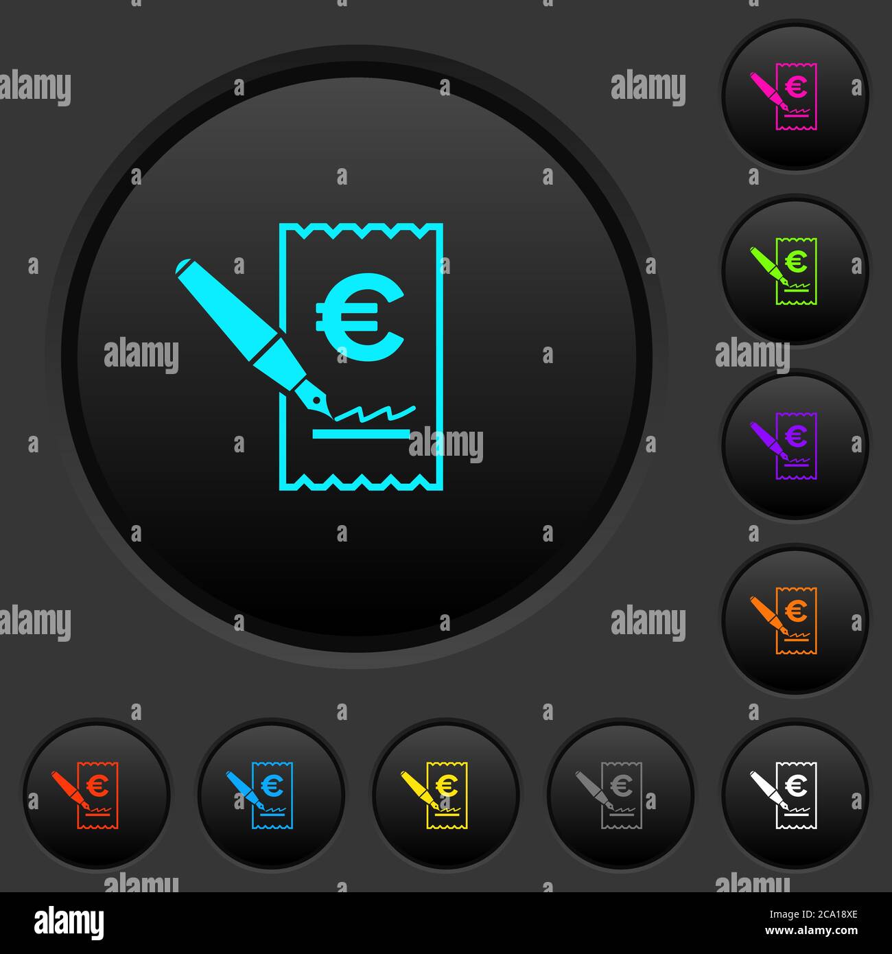 Signing Euro cheque dark push buttons with vivid color icons on dark ...