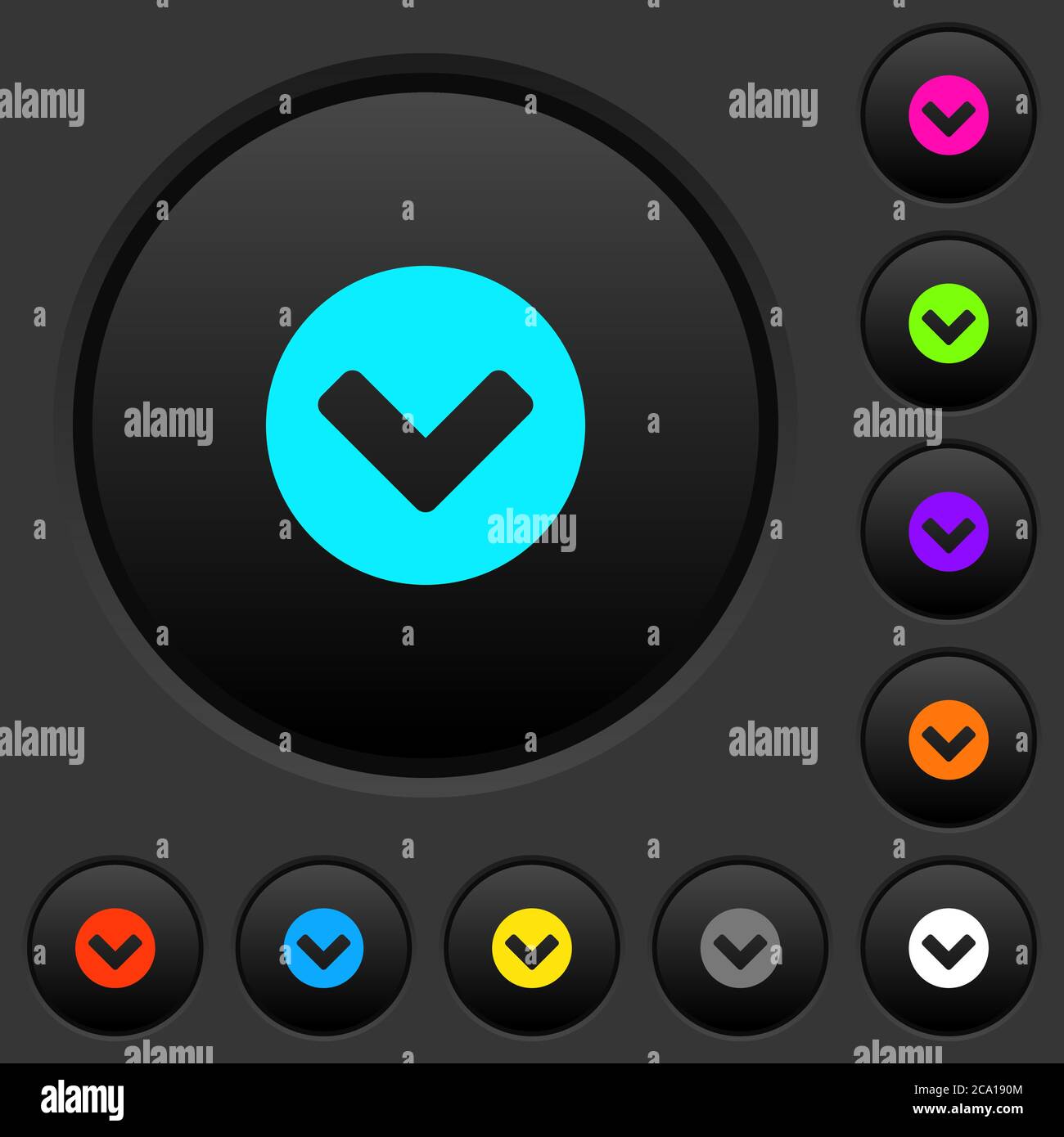 Chevron down dark push buttons with vivid color icons on dark grey ...