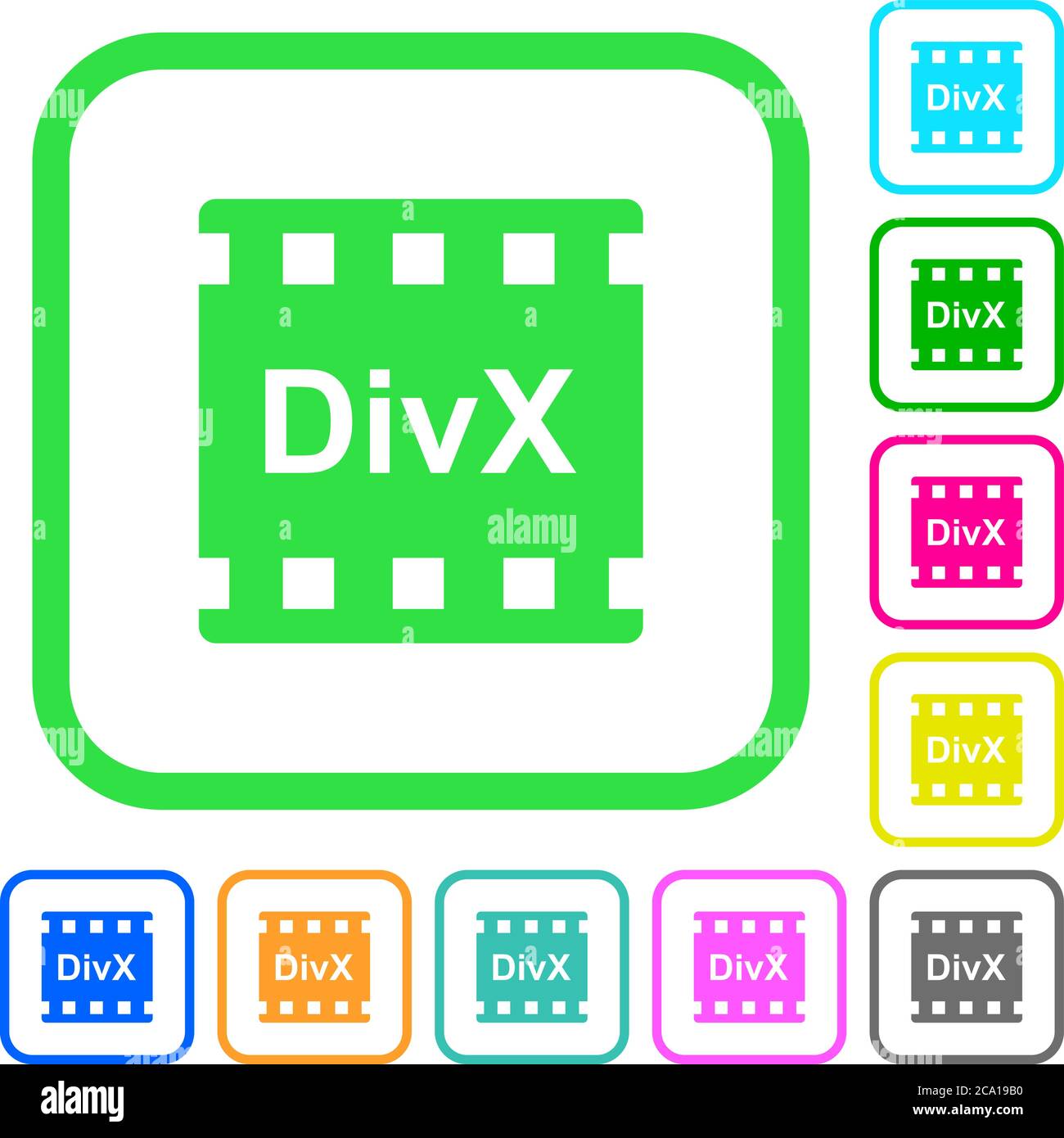 DivX movie format vivid colored flat icons in curved borders on white ...