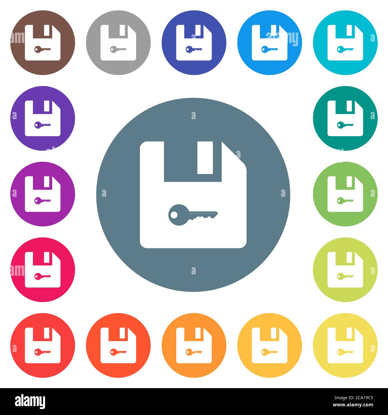 Encrypt file flat white icons on round color backgrounds. 17 background color variations are ...