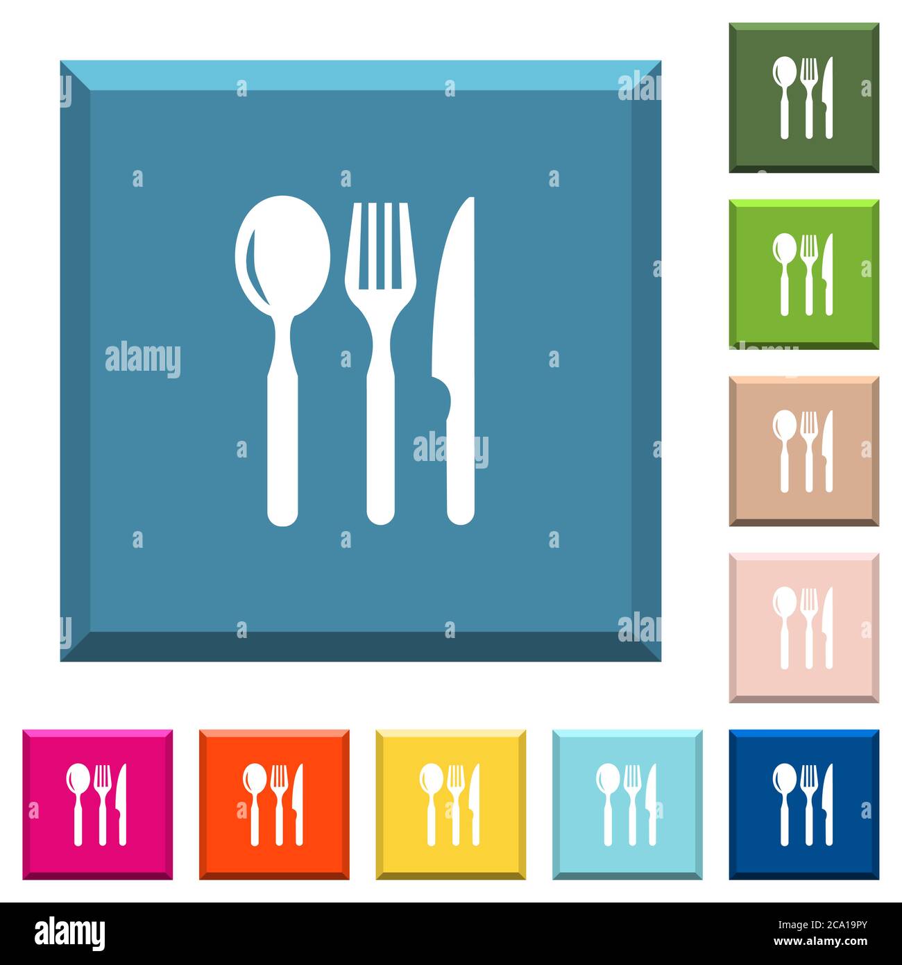 Restaurant white icons on edged square buttons in various trendy colors ...