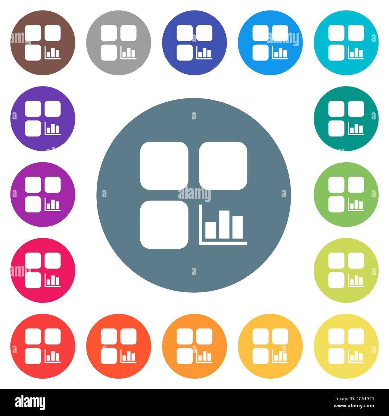 Component statistics flat white icons on round color backgrounds. 17 ...