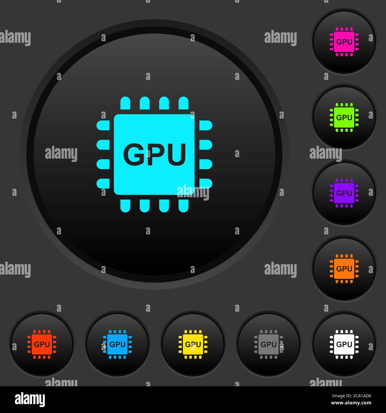 Graphics processing unit dark push buttons with vivid color icons on dark grey background Stock ...