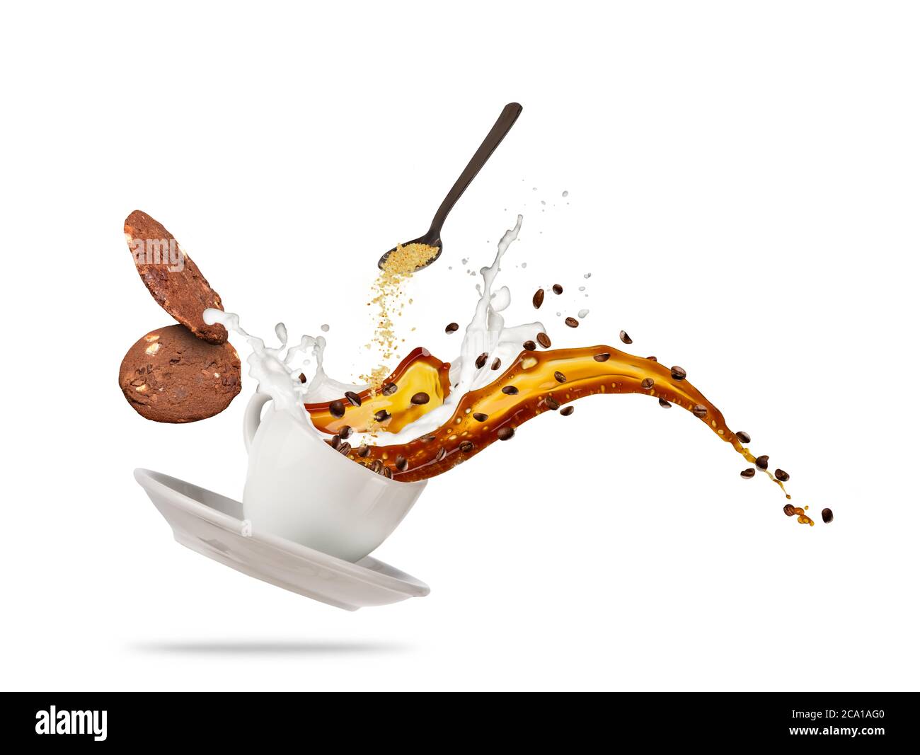 Porcelaine white cup with splashing coffee liquid, biscuits and spoon ...