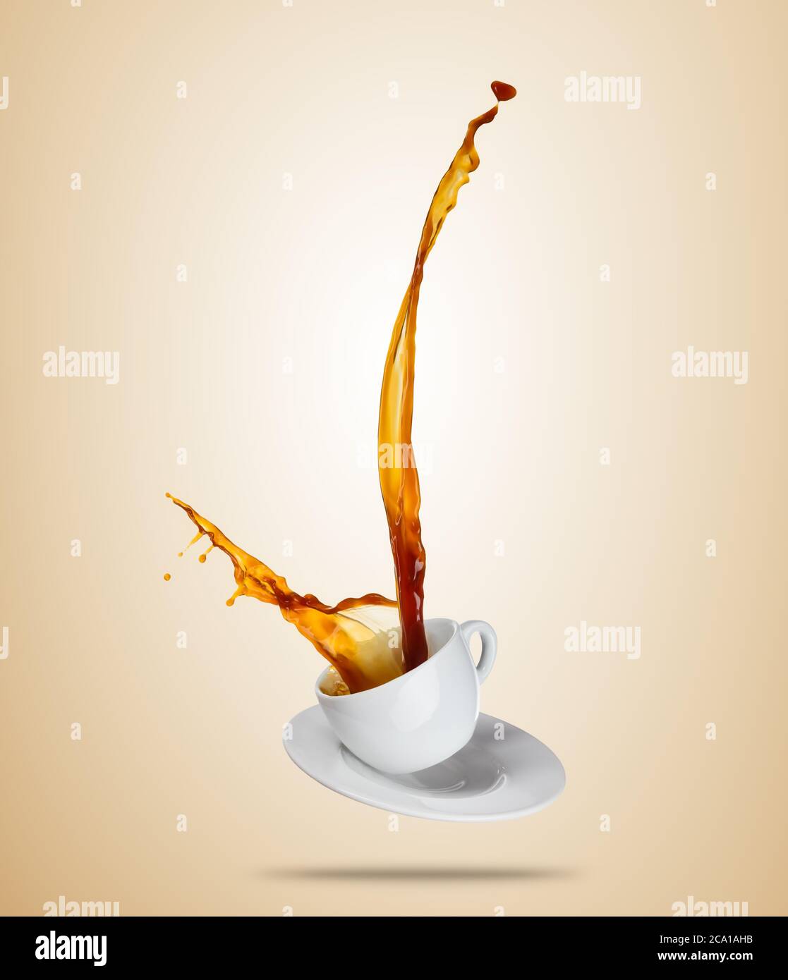 Porcelaine white cup with splashing coffee or tea liquid separated on ...