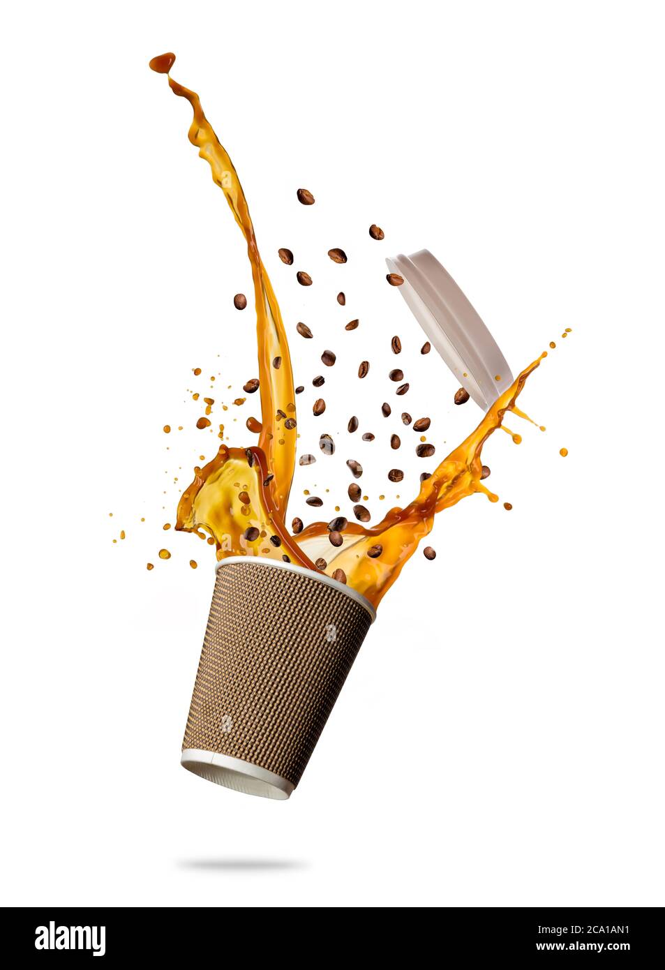 Take away cup with splashing coffee liquid isolated on white background ...