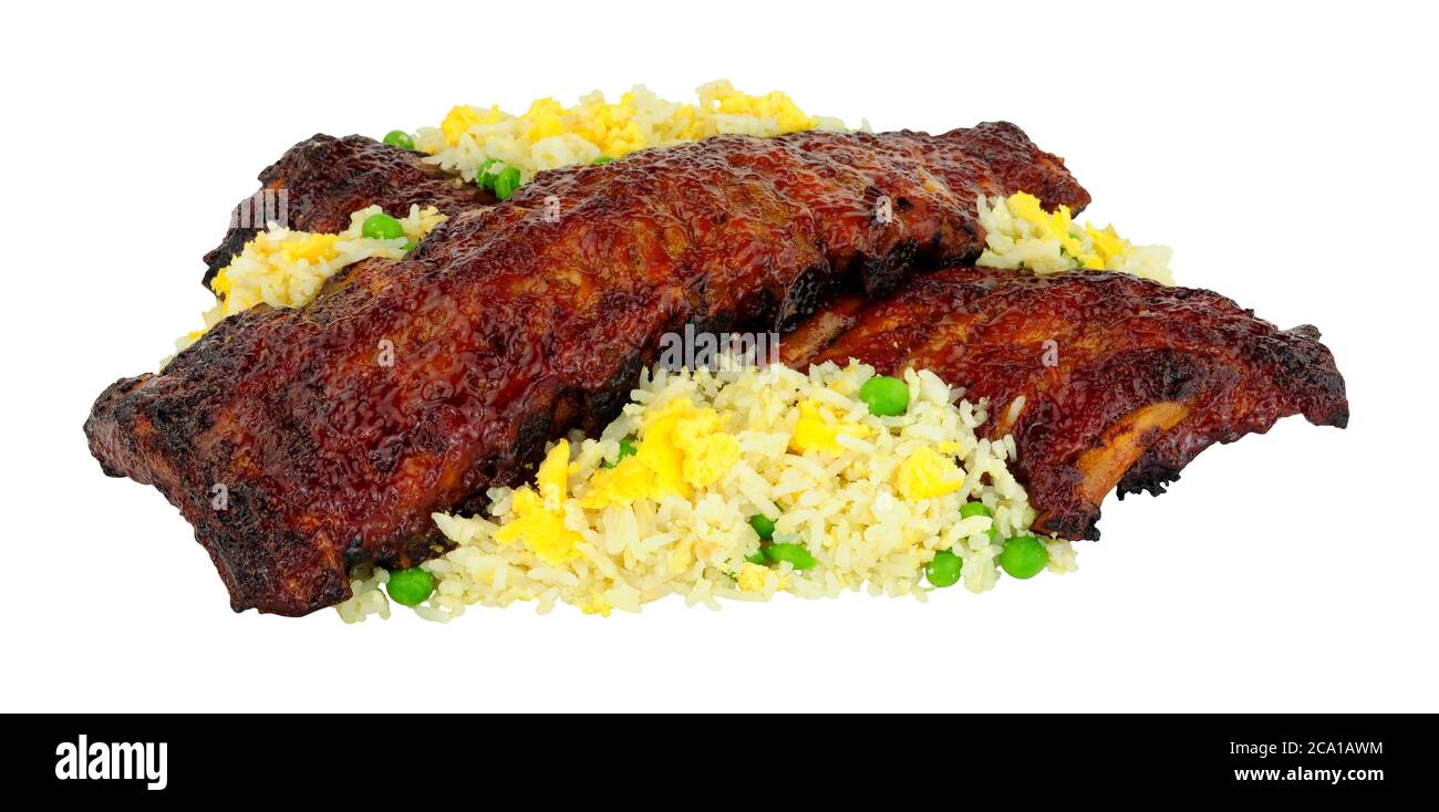 Chinese Peking style pork ribs coated with sticky plum sauce glaze with ...
