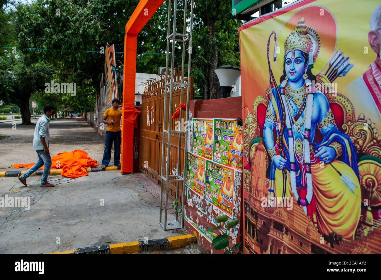 Lord Rama's banner is seen outside the office of Indian Political Party ...
