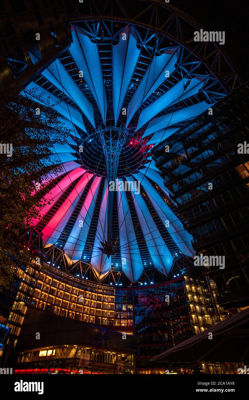 Famous Sony Center at Potsdamer Platz illuminated at night in Berlin ...