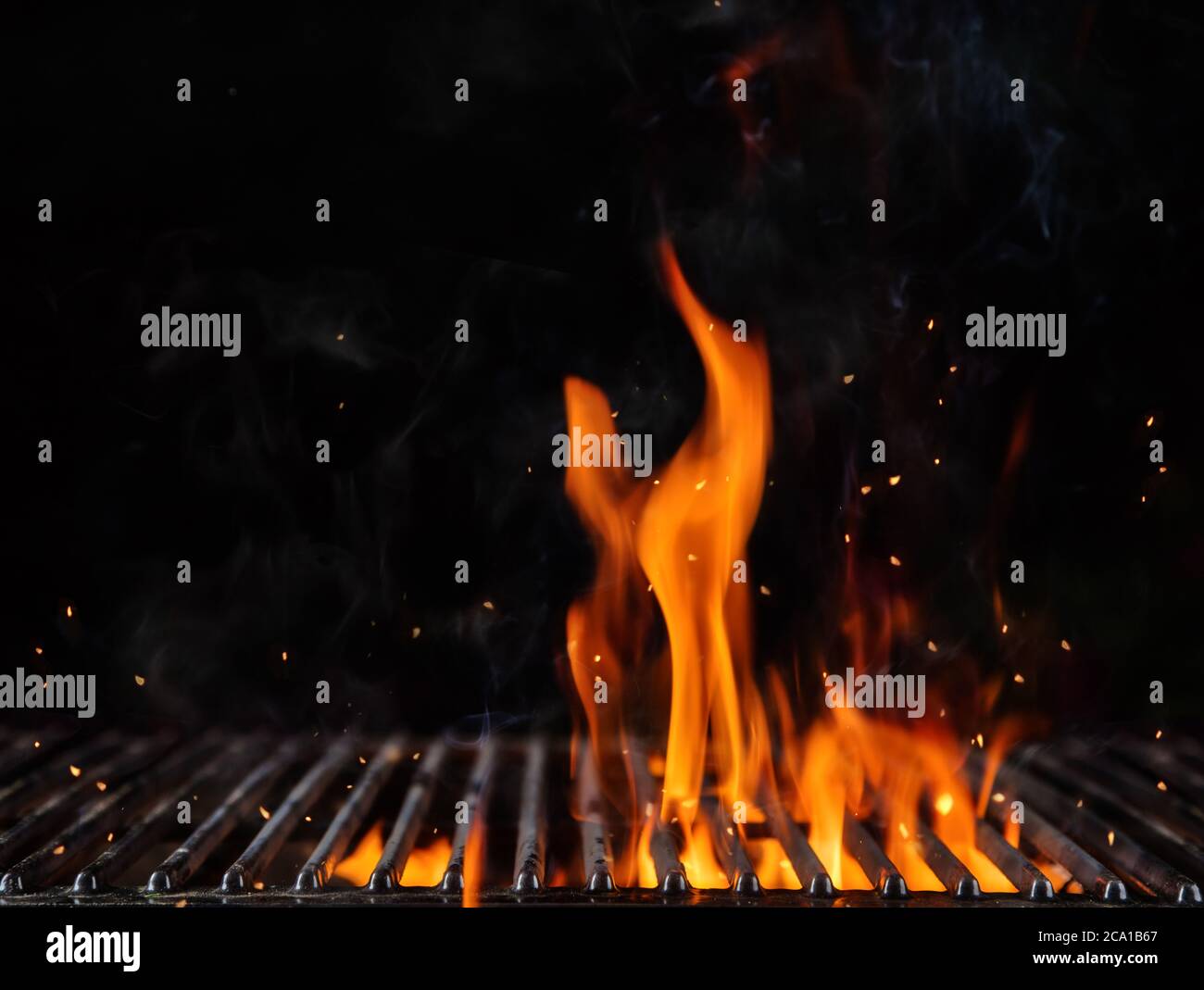 Empty flaming charcoal grill with open fire, ready for product ...