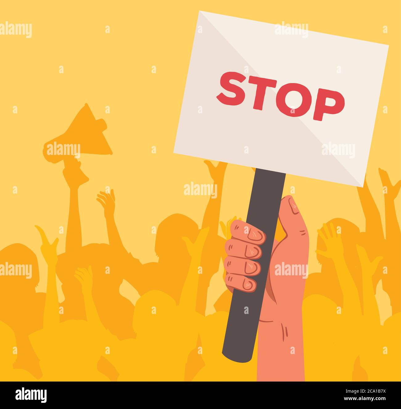 hand with protests placard stop sign, people holding banners, activist ...