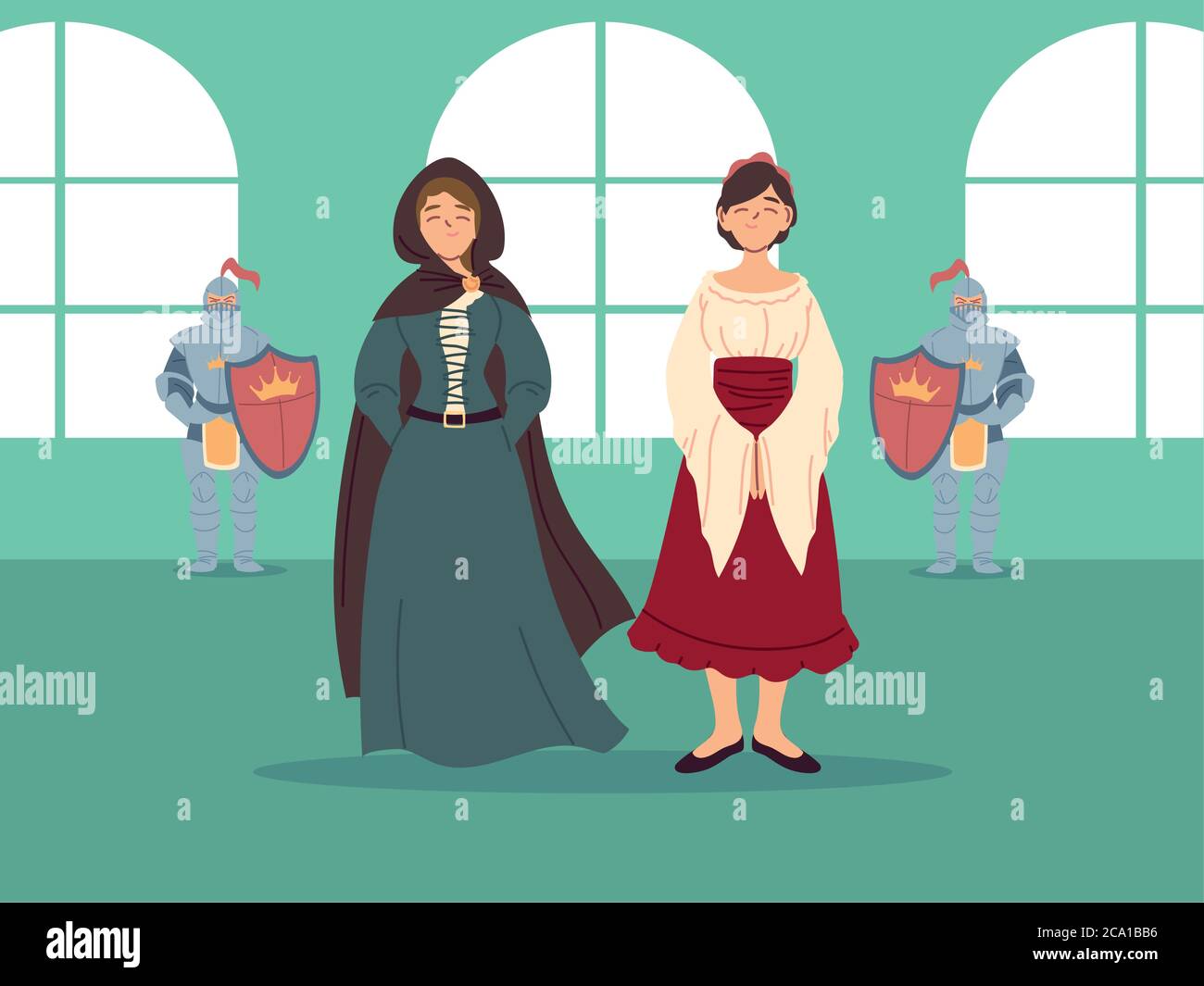 Medieval women with dresses and knights design of Kingdom and fairytale ...